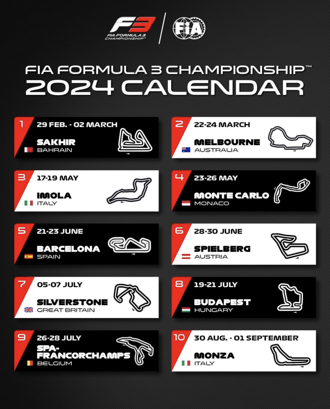 FIA anuncia calendário de 2024 da Fórmula 3 - Naspistas - F1 e ...
